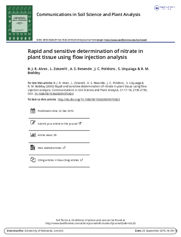 Pdf Rapid And Sensitive Determination Of Nitrate In Plant Tissue Using Flow Injection Analysis