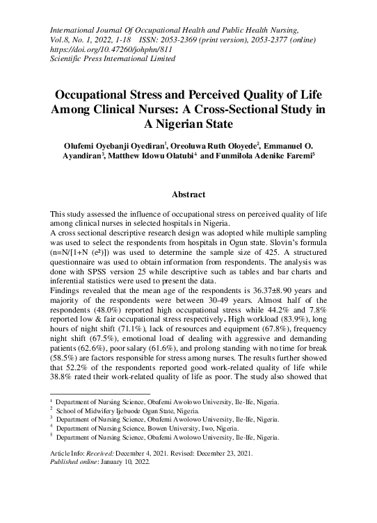 (PDF) Occupational Stress and Perceived Quality of Life Among Clinical ...