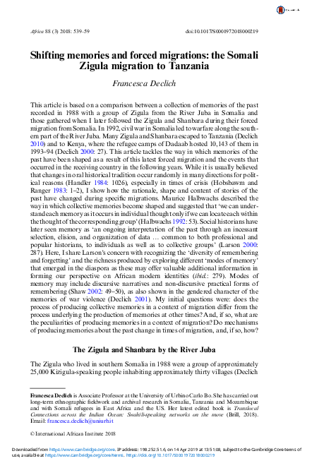 (PDF) Shifting memories and forced migrations: the Somali Zigula ...