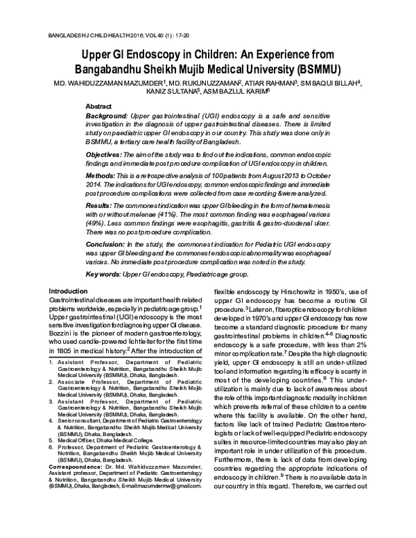 (PDF) Upper GI Endoscopy in Children: An Experience from Bangabandhu ...