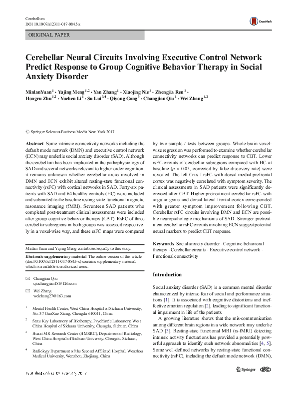 (PDF) Cerebellar Neural Circuits Involving Executive Control Network Predict Response to Group ...