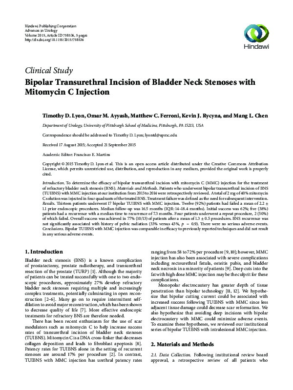 (PDF) Bipolar Transurethral Incision of Bladder Neck Stenoses with ...