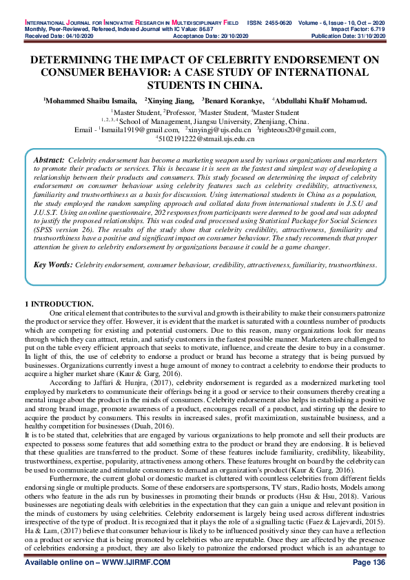 (PDF) DETERMINING THE IMPACT OF CELEBRITY ENDORSEMENT ON CONSUMER ...