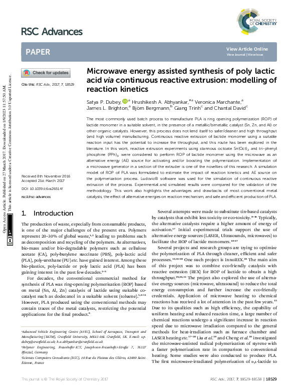 (PDF) Microwave energy assisted synthesis of poly lactic acid via ...