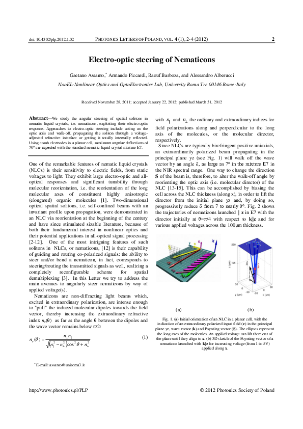 (PDF) Electro-optic steering of nematicons | hgaetano assanto ...