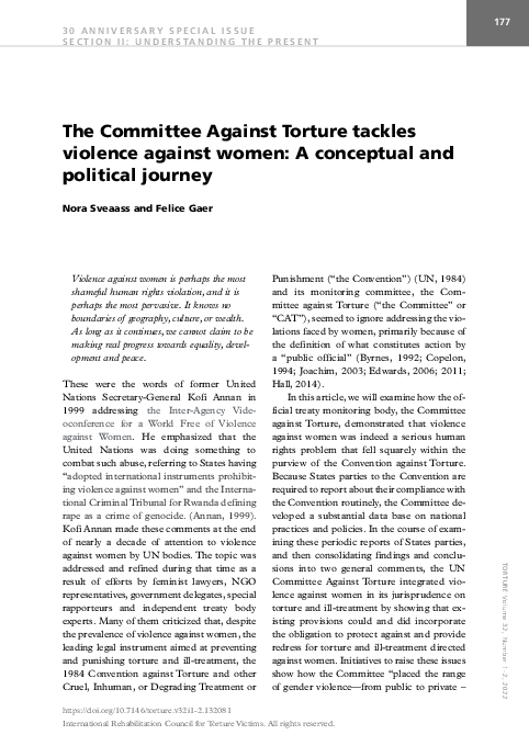 Pdf The Committee Against Torture Tackles Violence Against Women A