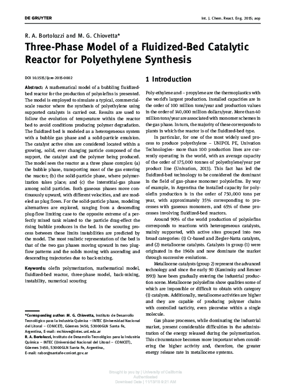(PDF) Three-Phase Model of a Fluidized-Bed Catalytic Reactor for Polyethylene Synthesis