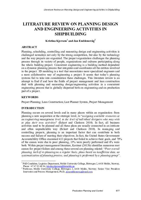 (PDF) Literature Review on Planning Design and Engineering Activities ...