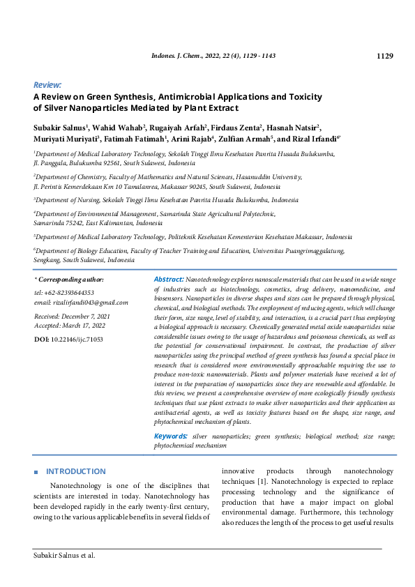 Pdf A Review On Green Synthesis Antimicrobial Applications And