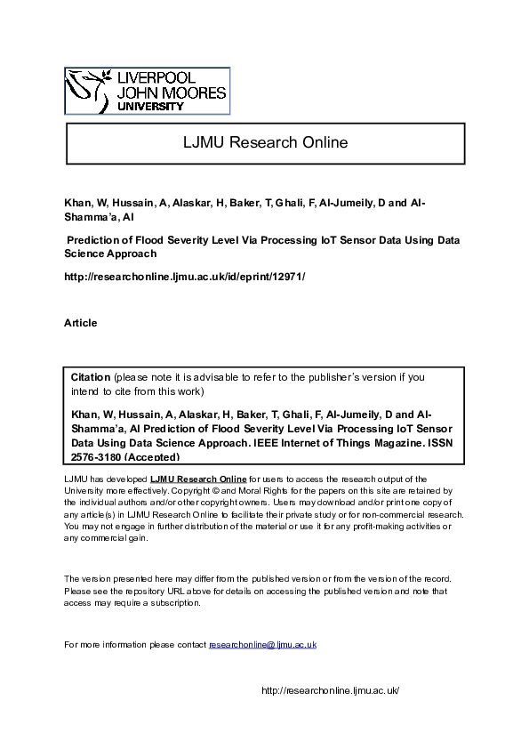 (PDF) Prediction of Flood Severity Level via Processing IoT Sensor Data Using a Data Science ...