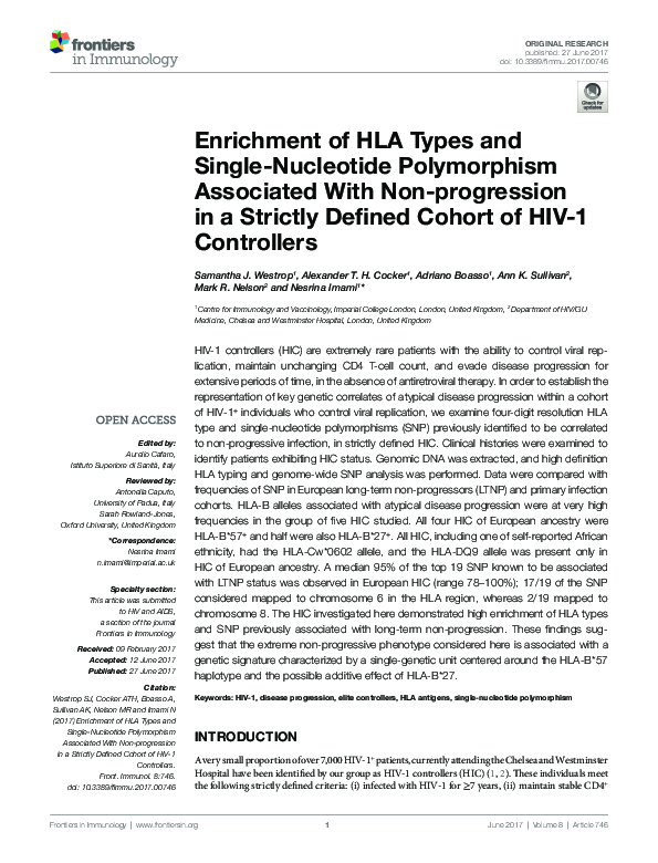 Pdf Enrichment Of Hla Types And Single Nucleotide Polymorphism Associated With Non Progression