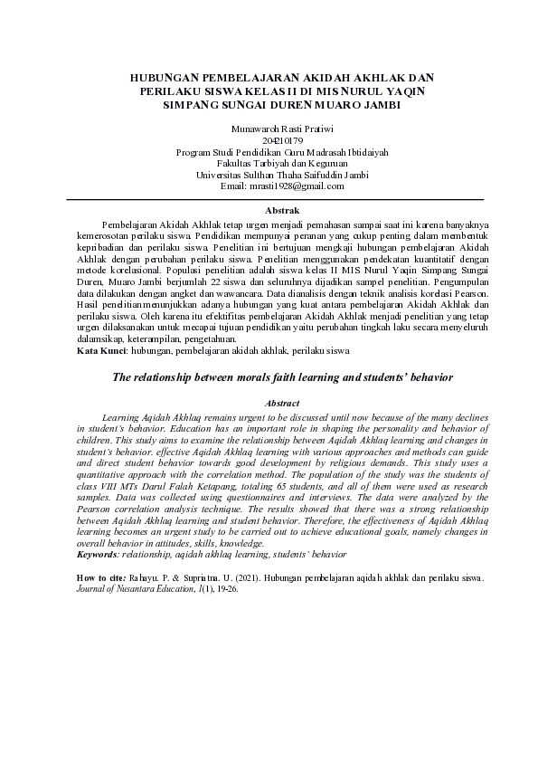 (PDF) HUBUNGAN PEMBELAJARAN AKIDAH AKHLAK DAN PERILAKU SISWA KELAS II DI MIS NURUL YAQIN SIMPANG ...