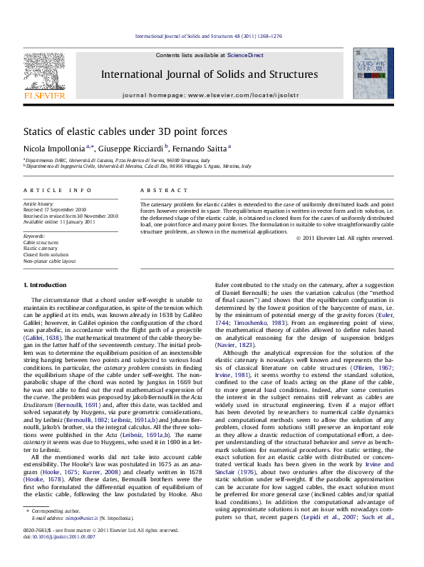 (PDF) Statics of elastic cables under 3D point forces