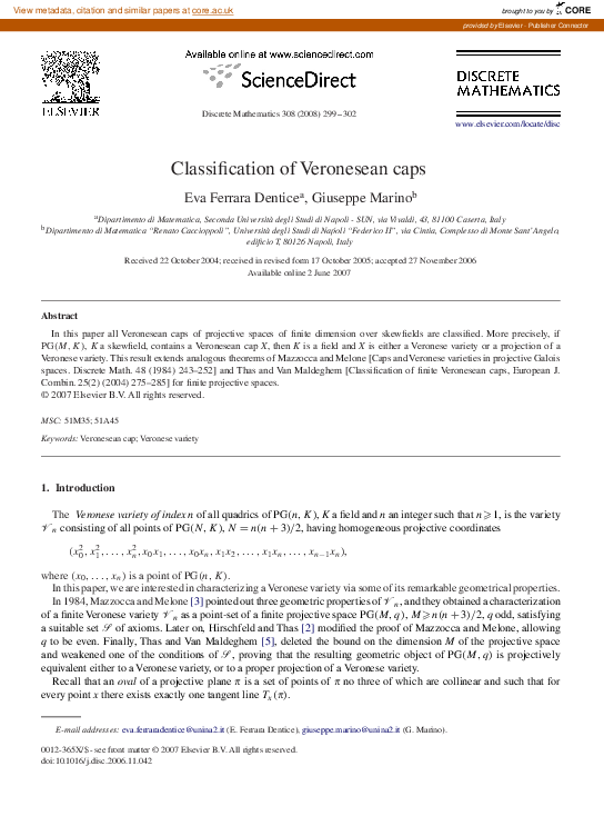 (PDF) Classification of Veronesean caps