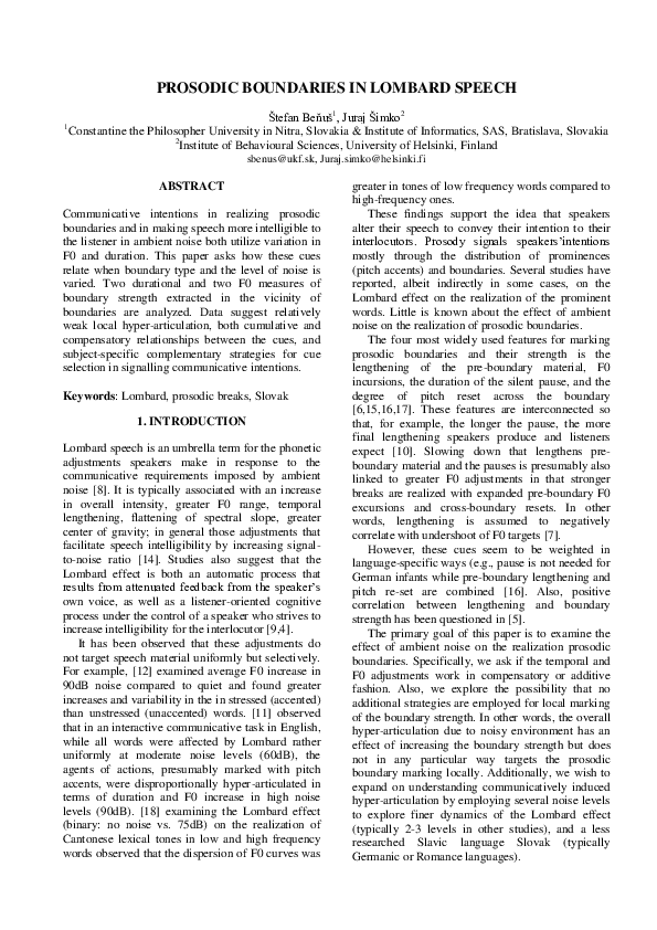 Pdf Prosodic Boundaries In Lombard Speech Stefan Benus