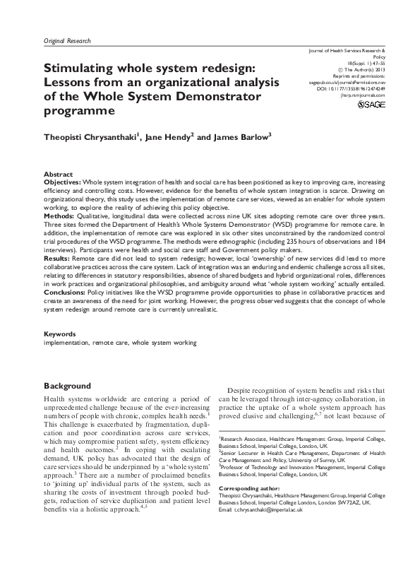 (PDF) Stimulating whole system redesign: Lessons from an organizational ...