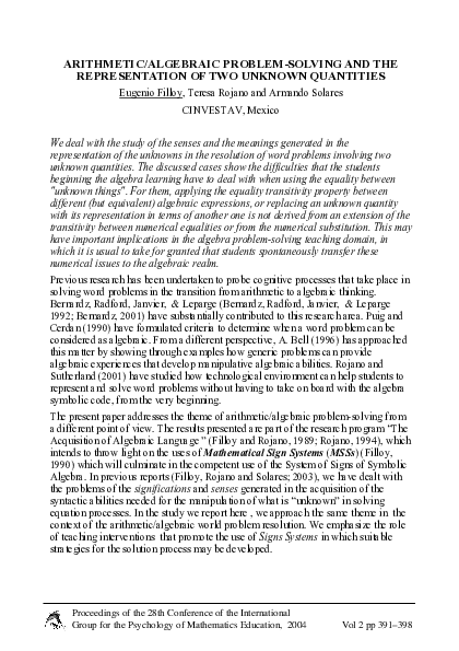 (PDF) Arithmetic/Algebraic Problem-Solving and the Representation of Two Unknown Quantities