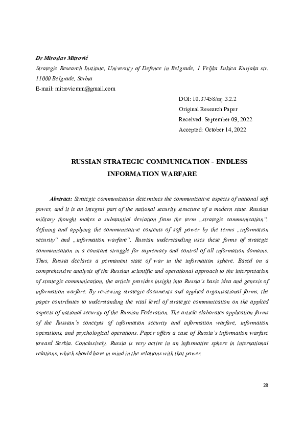 (PDF) RUSSIAN STRATEGIC COMMUNICATION -ENDLESS INFORMATION WARFARE