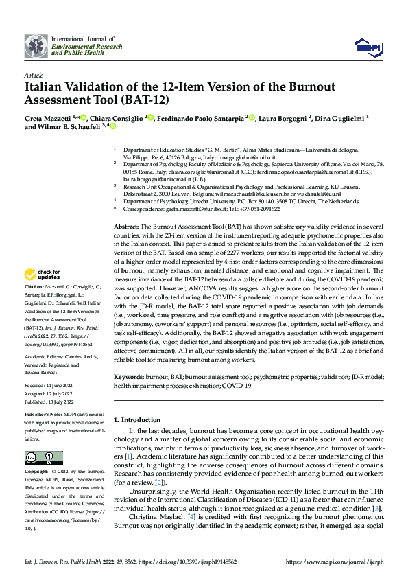 (PDF) Italian Validation of the 12-Item Version of the Burnout Assessment Tool (BAT-12)