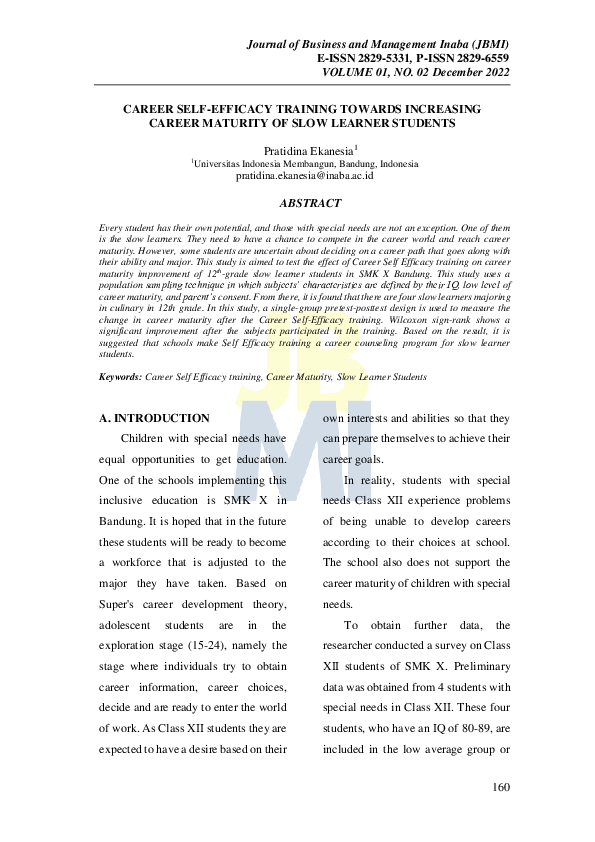 (PDF) Career Self-Efficacy Training Towards Increasing Career Maturity of Slow Learner Students