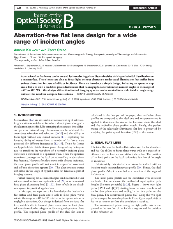 (PDF) Aberration-free flat lens design for a wide range of incident angles