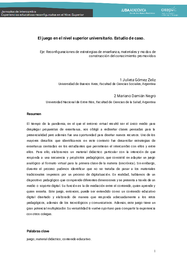(PDF) El juego en el nivel superior universitario. Estudio de caso. Eje: Reconfiguraciones de ...