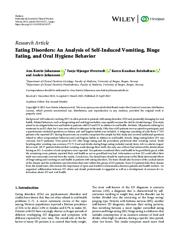 (PDF) Eating Disorders: An Analysis of Self-Induced Vomiting, Binge Eating, and Oral Hygiene ...