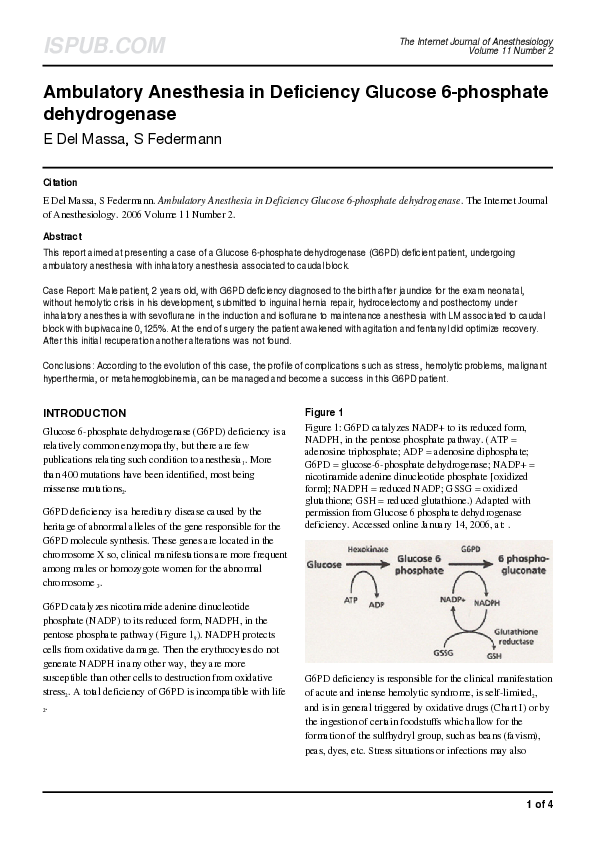 (PDF) Ambulatory Anesthesia in Deficiency Glucose 6-phosphate dehydrogenase