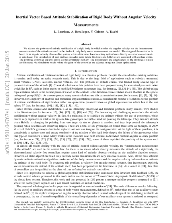 (PDF) Inertial Vector Based Attitude Stabilization of Rigid Body ...