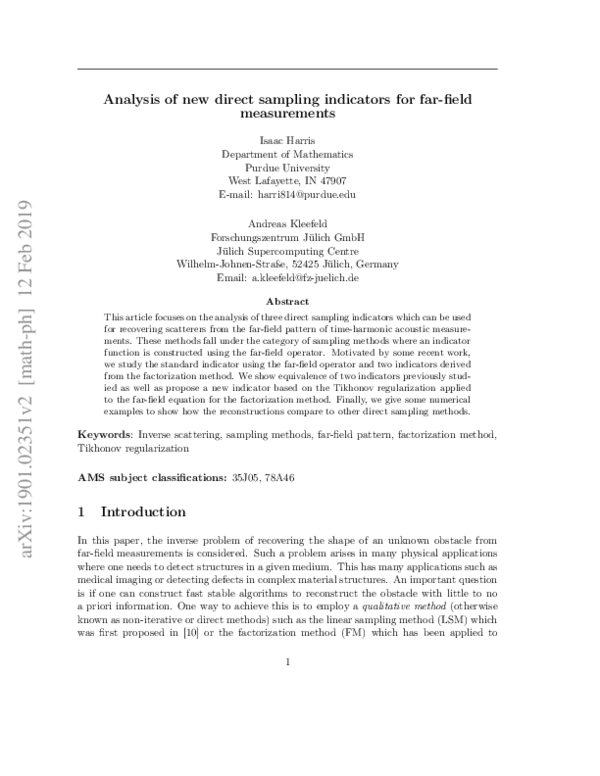 (PDF) Analysis of new direct sampling indicators for far-field measurements