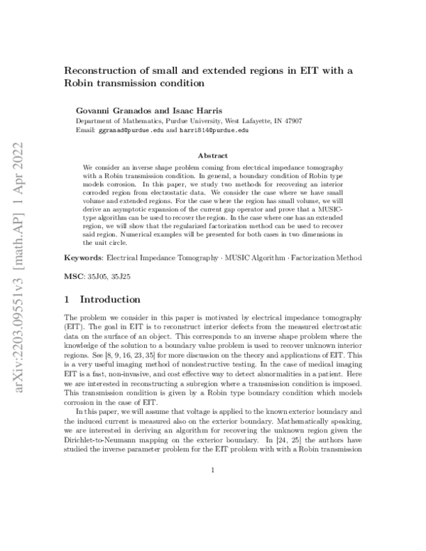 (PDF) Reconstruction of small and extended regions in EIT with a Robin transmission condition