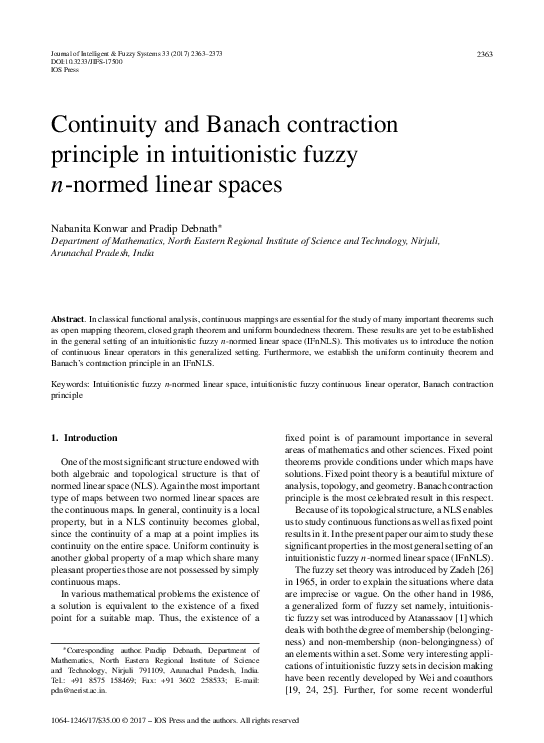 Pdf Continuity And Banach Contraction Principle In Intuitionistic Fuzzy N Normed Linear Spaces