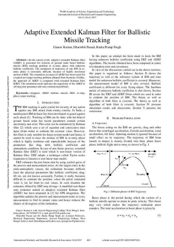 Pdf Adaptive Extended Kalman Filter For Ballistic Missile Tracking