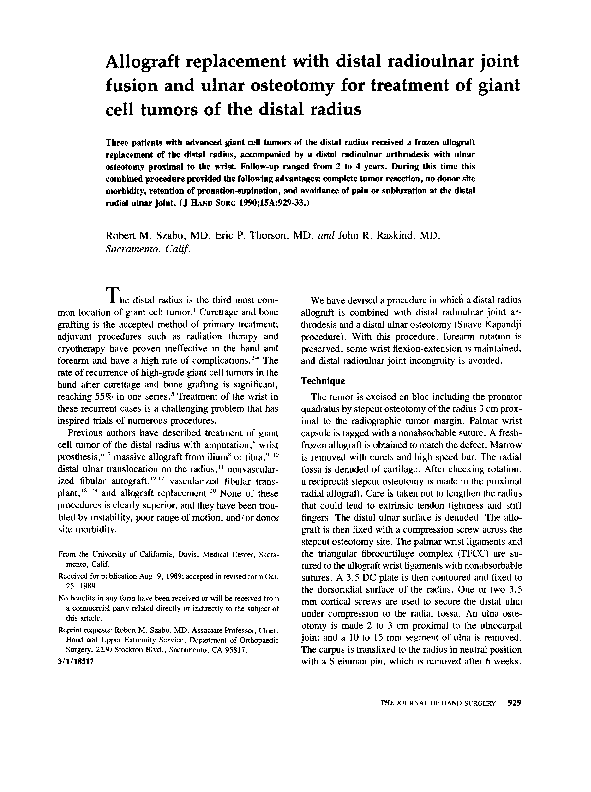 Pdf Allograft Replacement With Distal Radioulnar Joint Fusion And