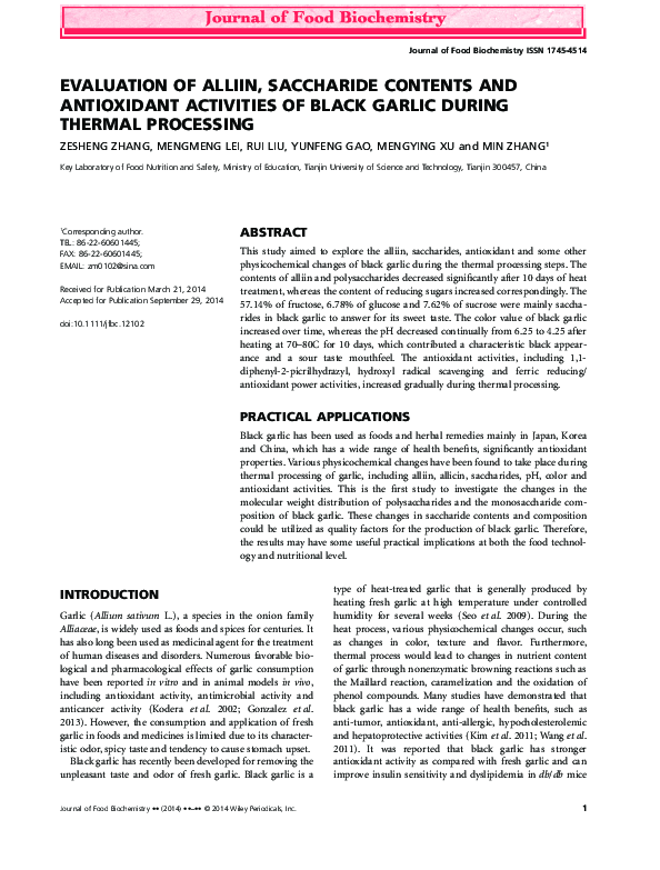 (PDF) Evaluation of Alliin, Saccharide Contents and Antioxidant ...