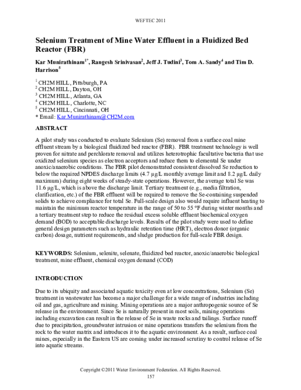 (PDF) Selenium Treatment of Mine Water Effluent in a Fluidized Bed ...