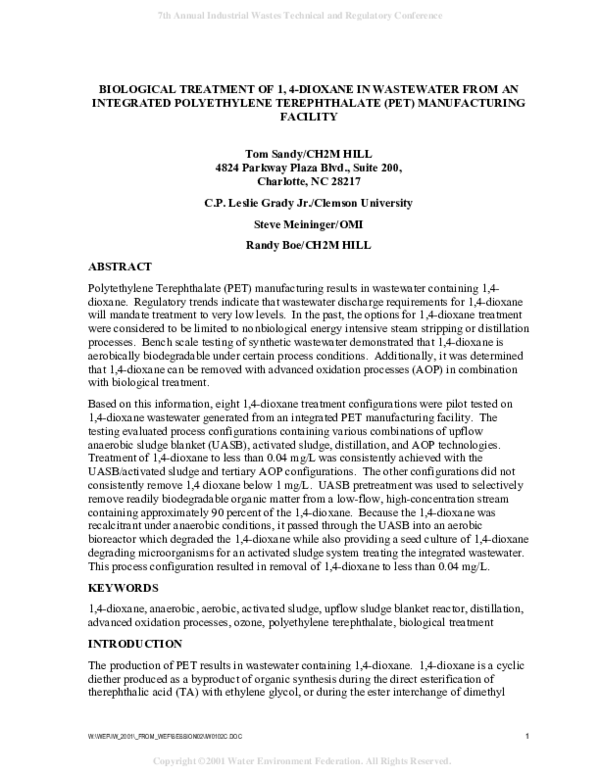 (PDF) Biological Treatment of 1, 4-DIOXANE in Wastewater from an Integrated Polyethylene ...