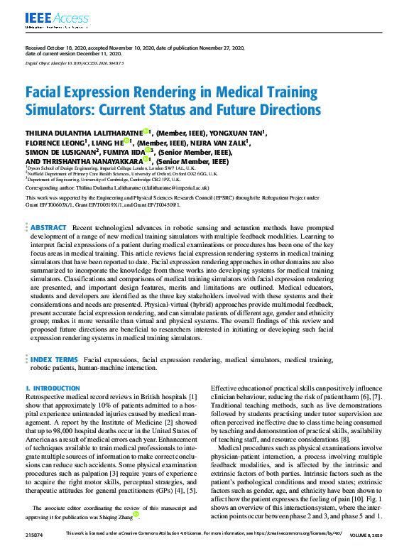 (PDF) Facial Expression Rendering in Medical Training Simulators: Current Status and Future ...