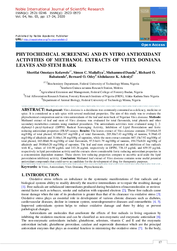 (PDF) Phytochemical Screening and in Vitro Antioxidant Activities of Methanol Extracts of Vitex ...