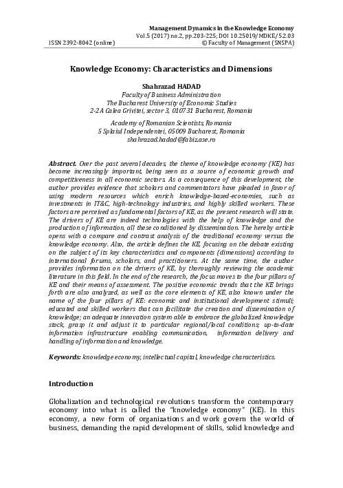 (PDF) Knowledge Economy: Characteristics and Dimensions