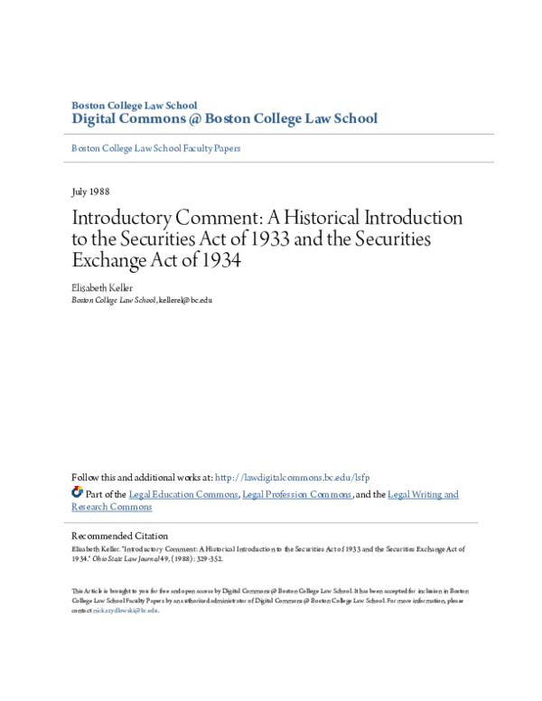 (PDF) Introductory Comment: A Historical Introduction to the Securities ...