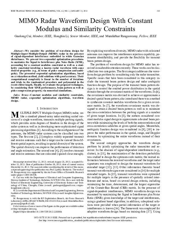 (PDF) MIMO Radar Waveform Design With Constant Modulus and Similarity Constraints