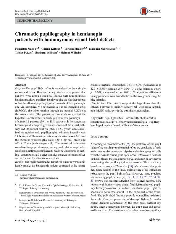 (PDF) Chromatic pupillography in hemianopia patients with homonymous ...