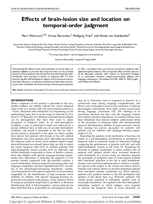 (PDF) Brain Lesion Impact on Temporal Order Judgment