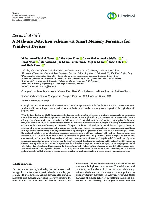 (PDF) A Malware Detection Scheme via Smart Memory Forensics for Windows Devices
