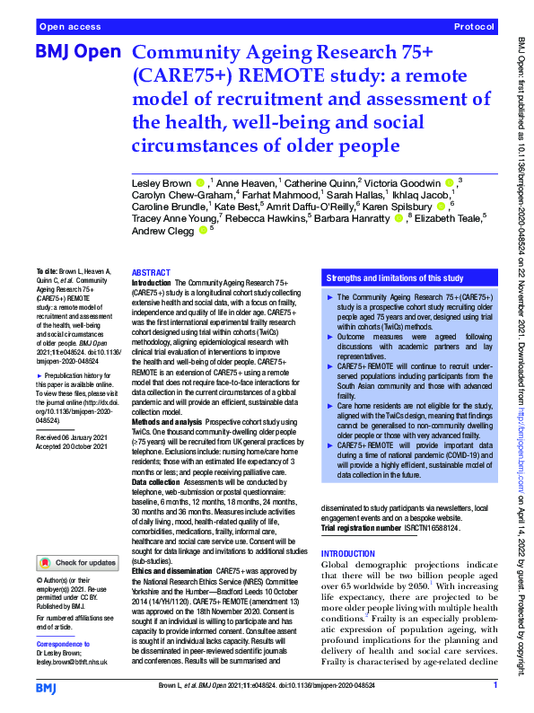 (PDF) Community Ageing Research 75+ (CARE75+) REMOTE study: a remote ...