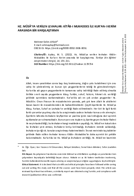 (PDF) HZ. MÛSÂ'YA VERİLEN LEVHALAR: KİTÂB-I MUKADDES İLE KUR'AN-I KERİM ...