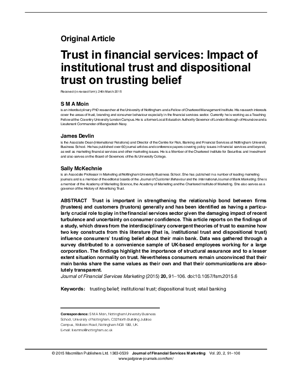 (PDF) Trust in financial services: Impact of institutional trust and ...