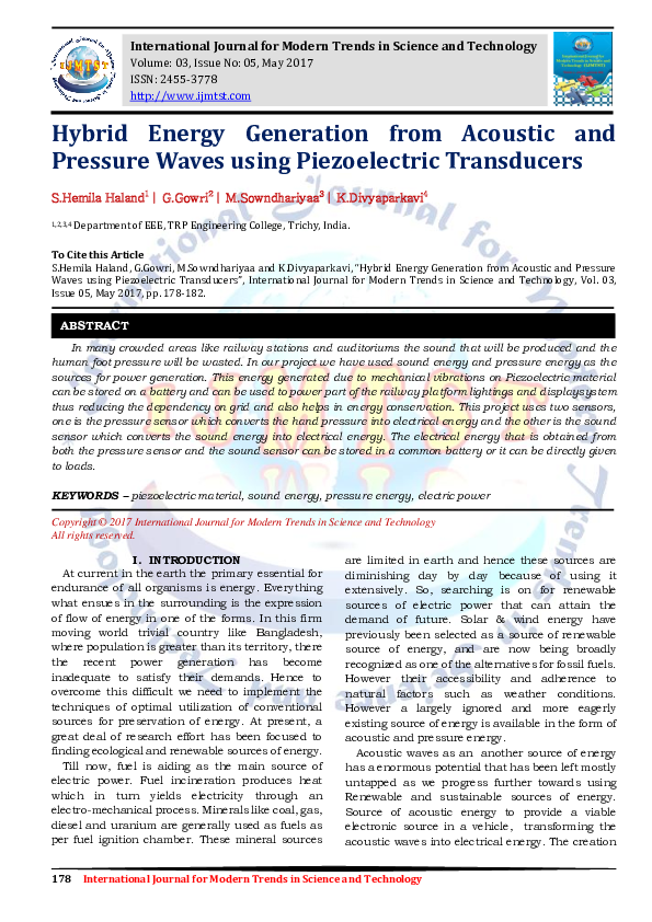 Pdf Hybrid Energy Generation From Acoustic And Pressure Waves Using Piezoelectric Transducers