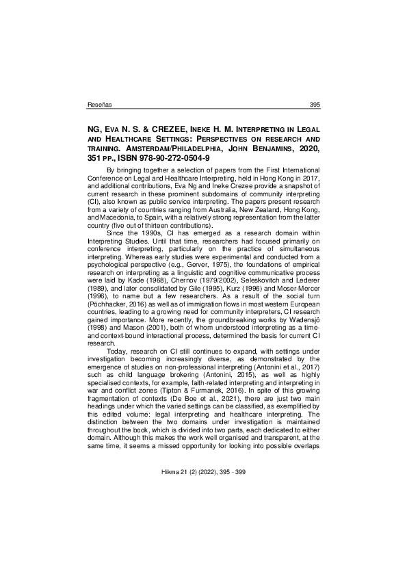 (PDF) NG, Eva N. S. & CREZEE, Ineke H. M. Interpreting in Legal and ...